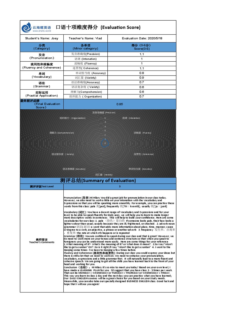 Student English Evaluation Summary | PDF