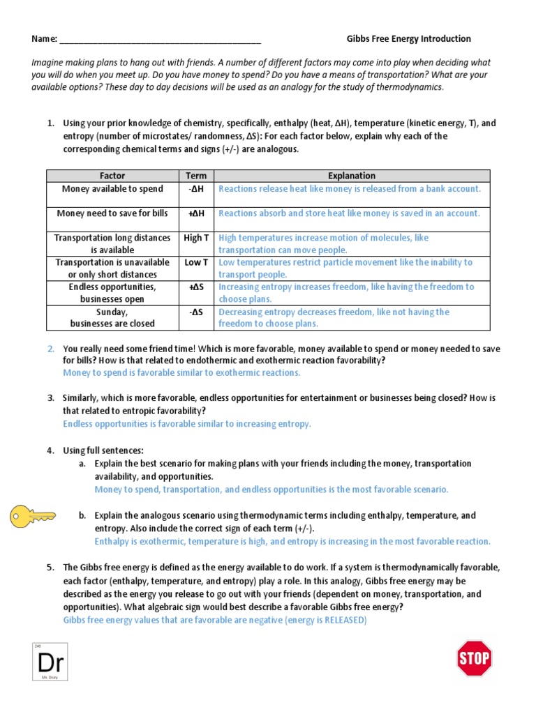 Gibbs Free Energy Introduction Answers | PDF