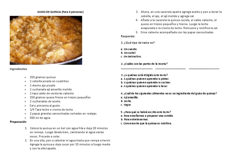 Receta de Guiso de Quinua para 4 Personas | PDF | Caldo | Leche