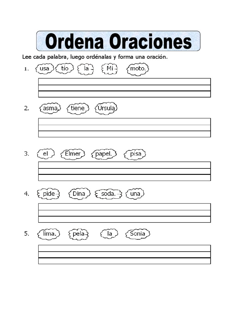 Ficha de Ordenar Oraciones para Primero de Primaria | PDF Ficha de Ordenar Oraciones para Primero de Primaria | PDF
