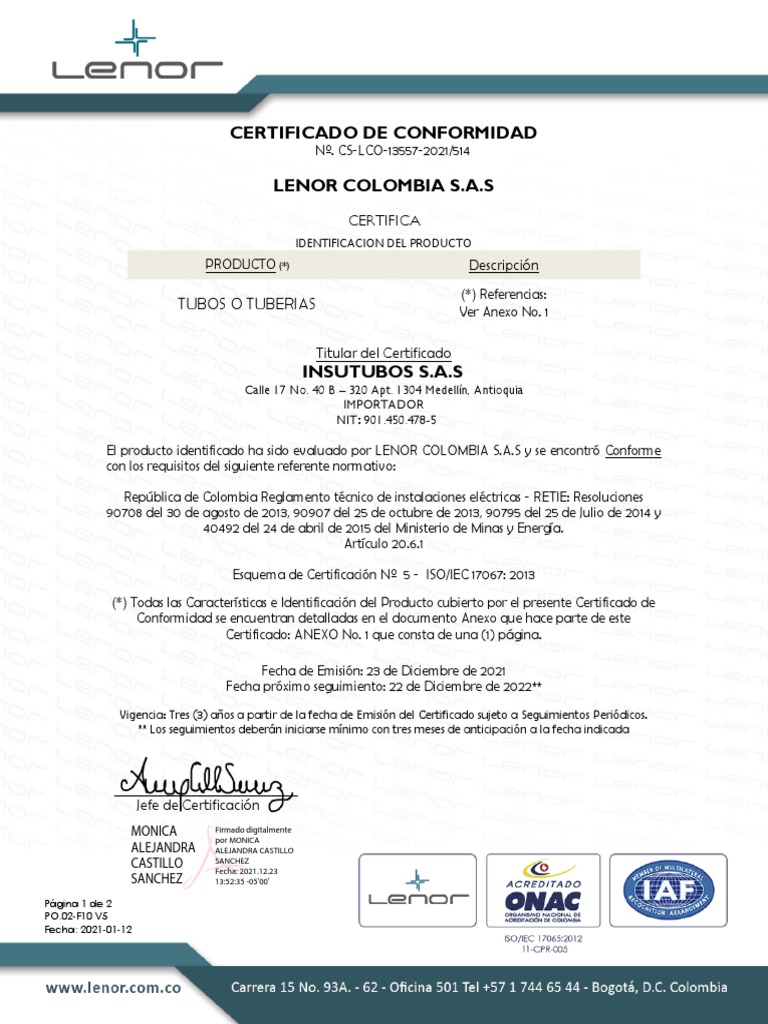 Certificado Tuberia Imc y Emt | PDF