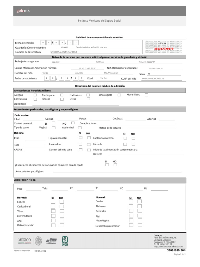 Solicitud de examen médico de admisión a guardería del IMSS | PDF | Invalidez | Discapacidad ...