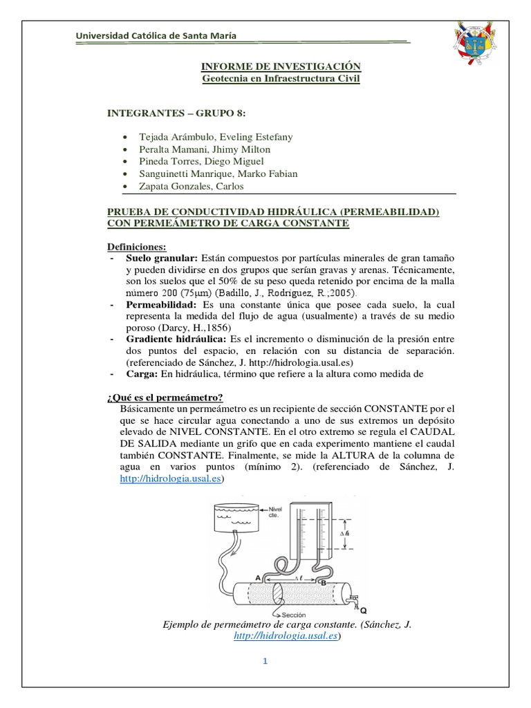 PERMEÁMETRO DE CARGA CONSTANTE - Grupo 8 | PDF | Permeabilidad ...