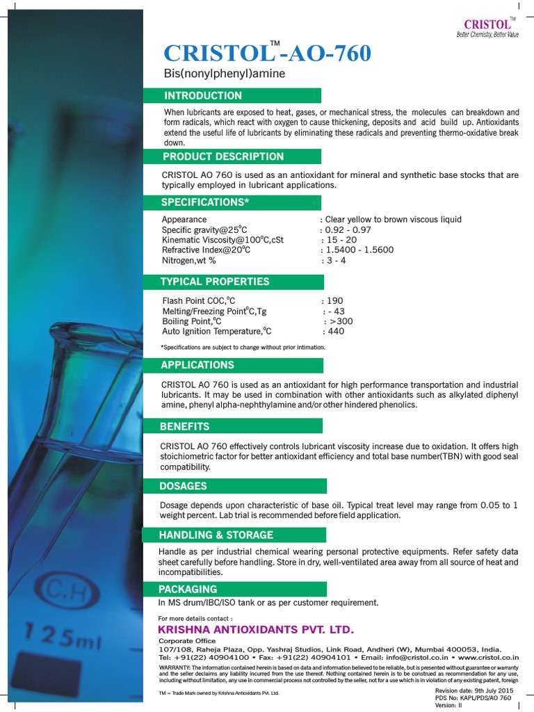 Cristol AO 760 Antioxidant Overview | PDF | Lubricant | Viscosity
