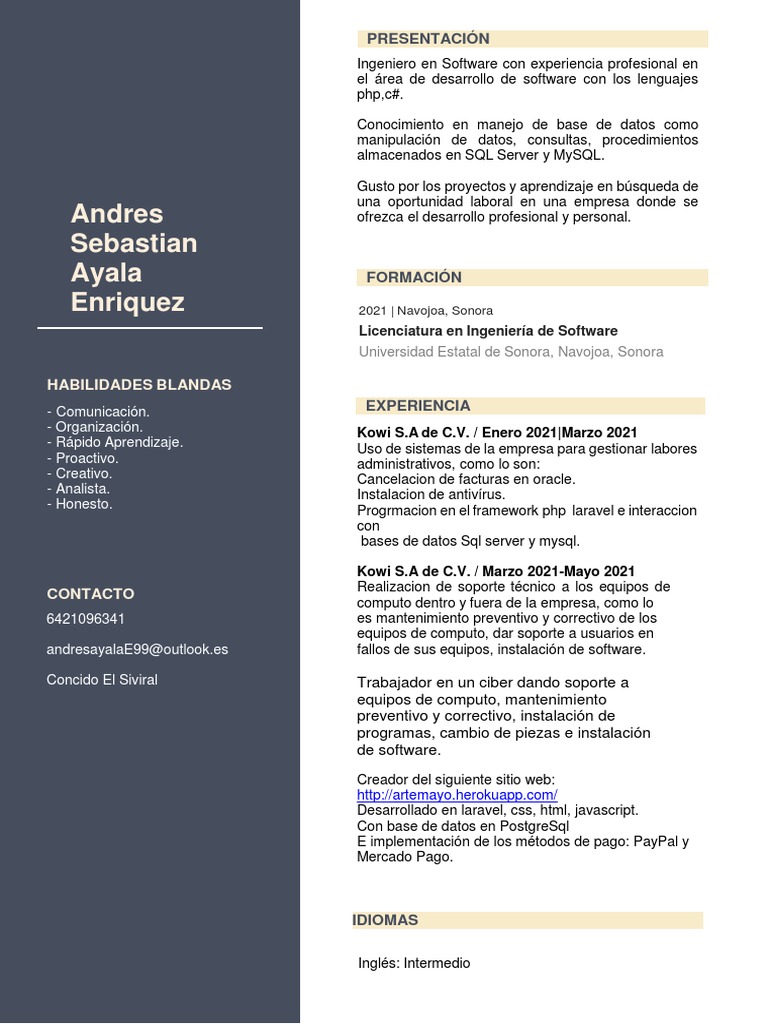 Curriculum Andres Ayala | PDF | Mi sql | Php