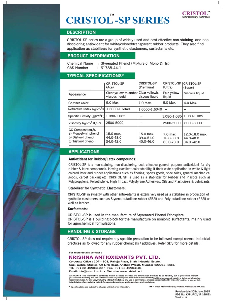 Styrenated Phenol Cristol SP Series | PDF | Natural Rubber | Liquids