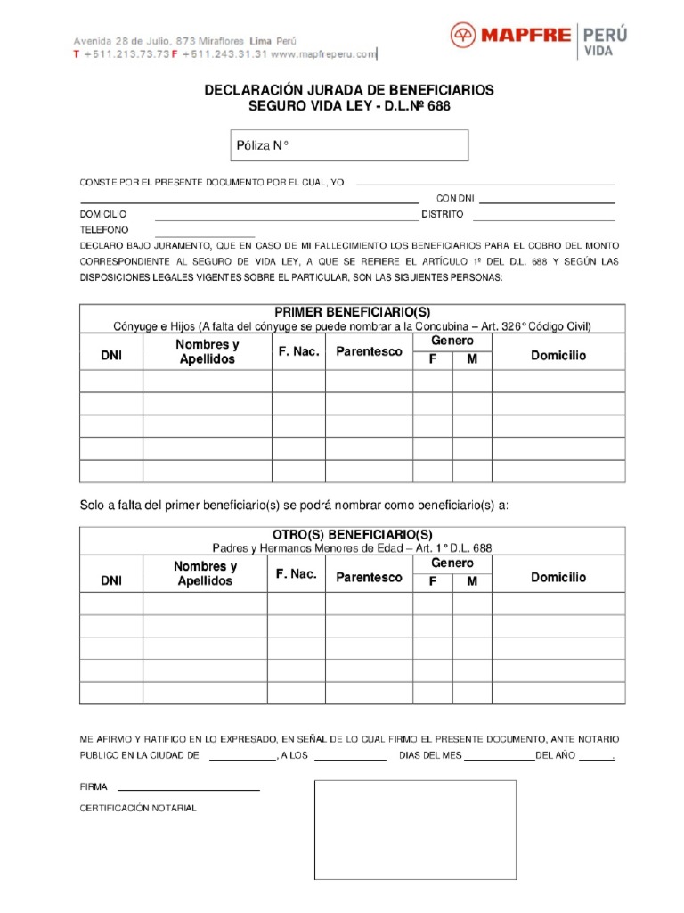 Declaracion Jurada de Beneficiarios Vida Ley - Mapfre Peru | PDF