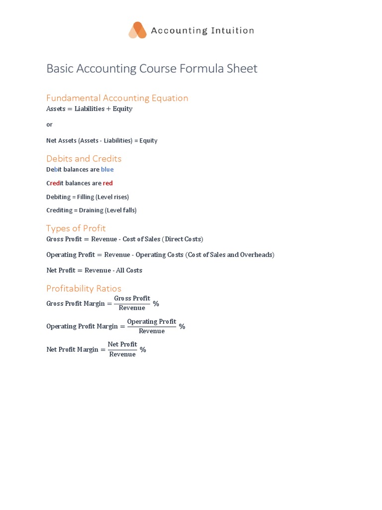 Basic Accounting Course Formula Sheet | PDF