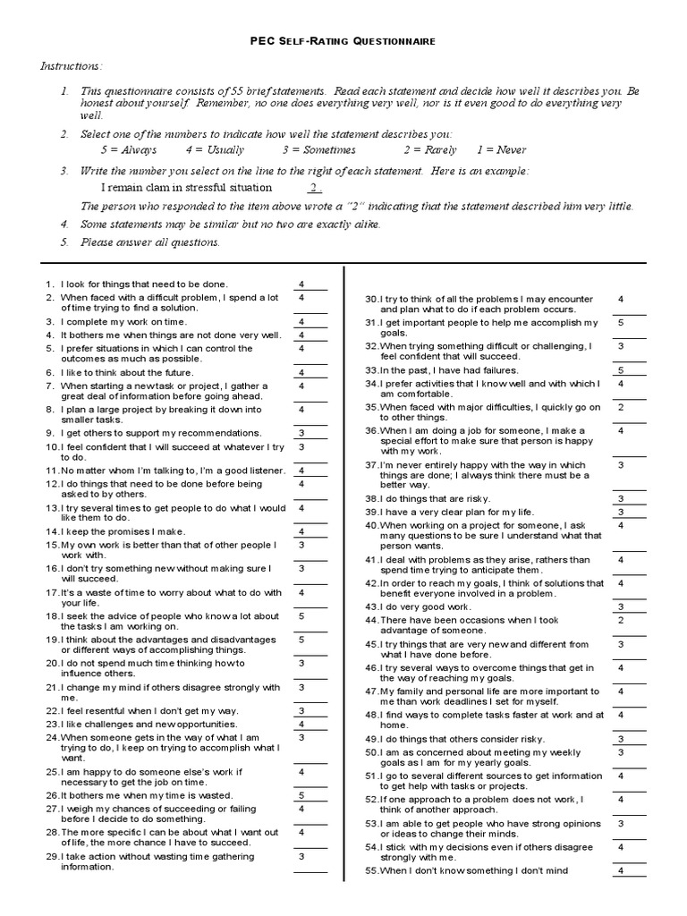 PEC Questionnaire and Score Sheet | PDF | Questionnaire | Psychology