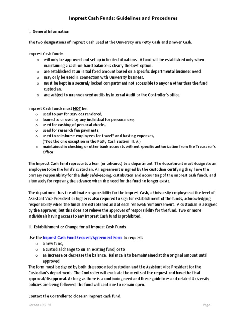 Imprest Cash Funds Guidelines Procedures | PDF