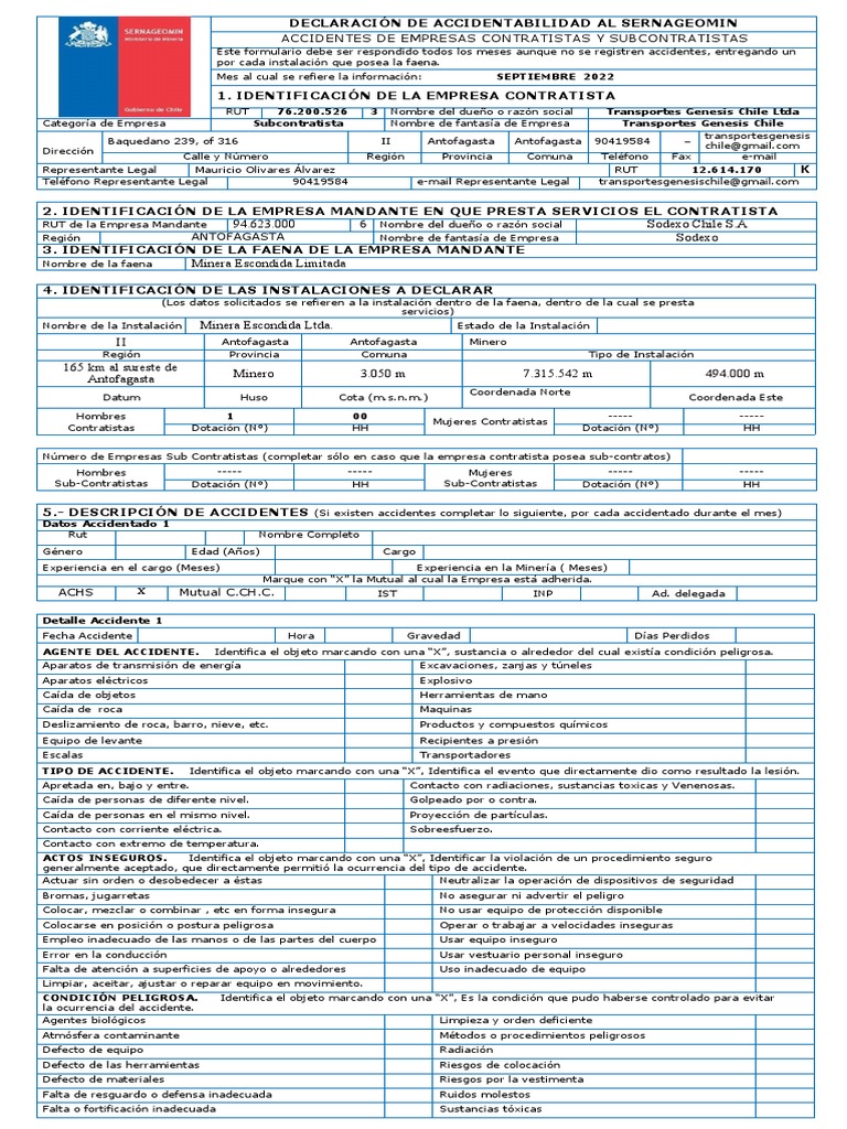Formulario - de - Seguridad E-200 SEPTIEMBRE ESCONDIDA 2022 | PDF