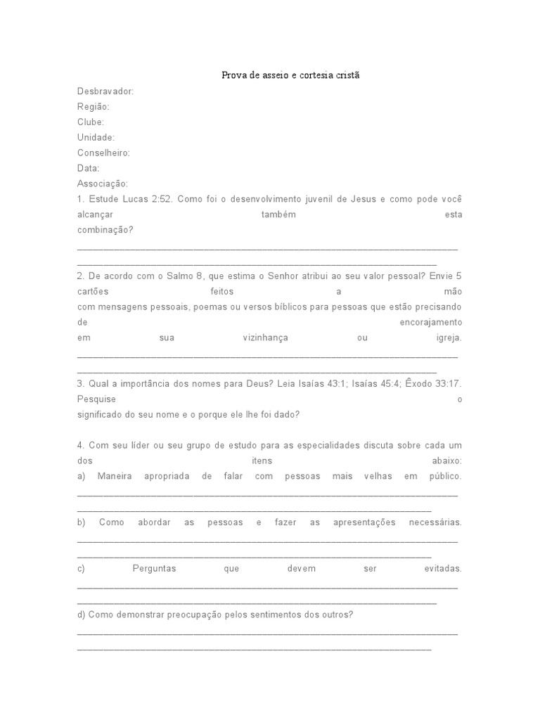 Prova de Asseio e Cortesia Cristã | PDF