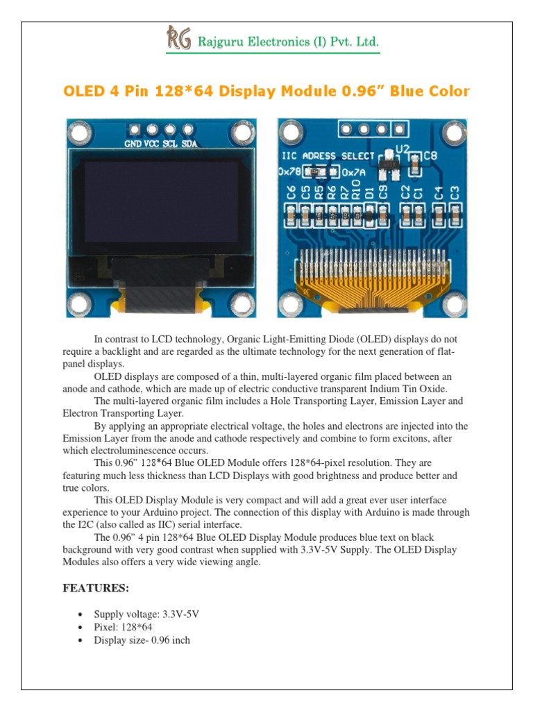OLED 4 Pin 128x64 Display Module 0.96 Inch Blue Color | PDF | Oled | Computer Engineering