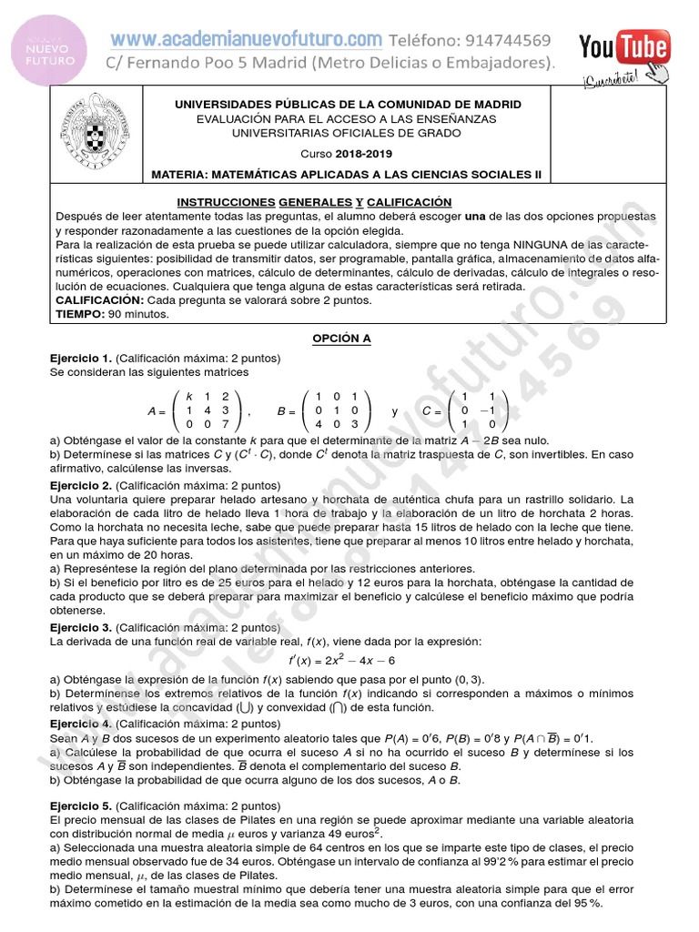 Examen Matematicas CCSS Selectividad Madrid Junio 2019 Enunciado | PDF