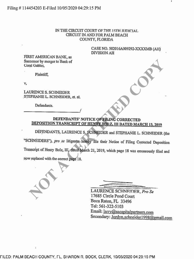 606 Notice of Filing Corrected Depo Transcript Henry H. Bolz(3!21!19 ...