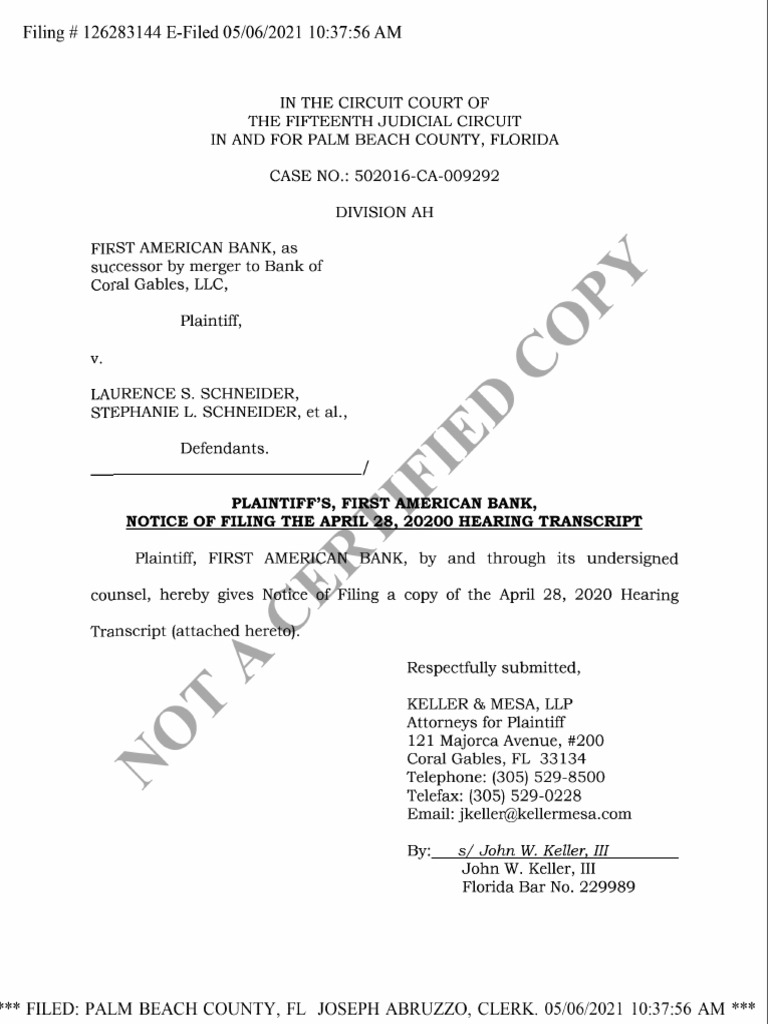 641 Notice of Filing Hearing Transcript of 04.28.2020, 05.06.2021 | PDF ...