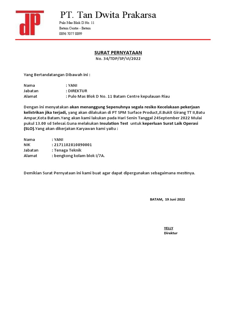 Surat Pernyataan Melamar Kerja | PDF