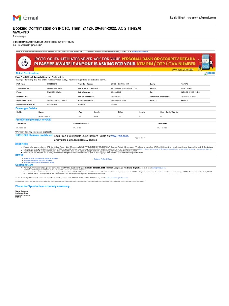 Rohit Ticket | PDF | Debit Card | Credit Card