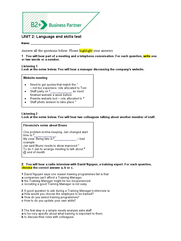 Business Partner B2+ Test Unit 2 | PDF | Employment
