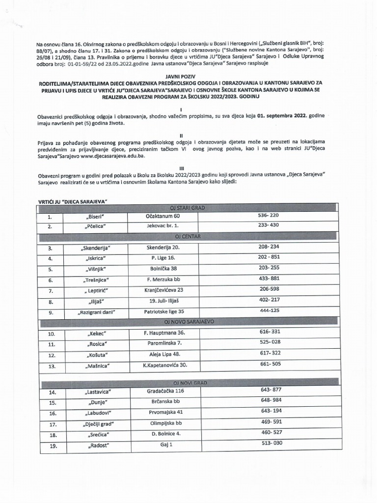 Javni Poziv Za Upis U Obavezni Program Za Skolsku 2022 2023 Godinu | PDF