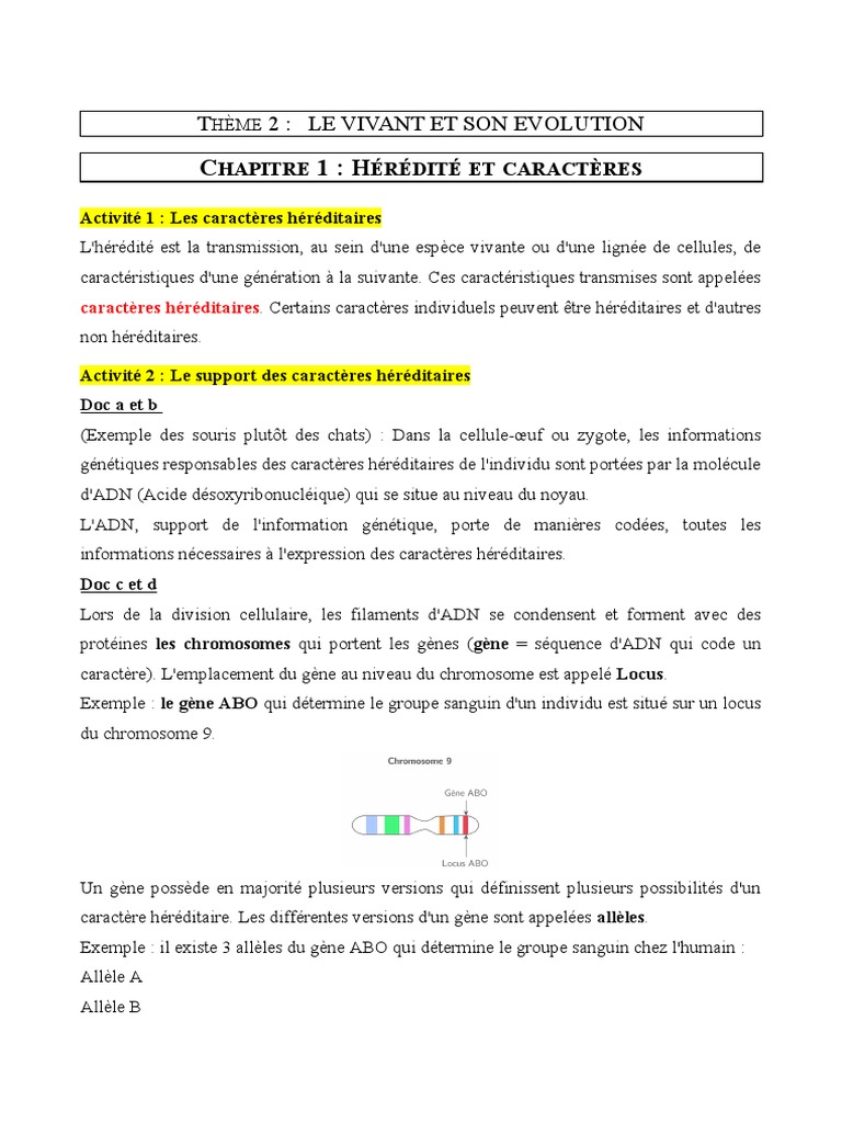 Chapitre 1 3EME | PDF | Hérédité | Gène