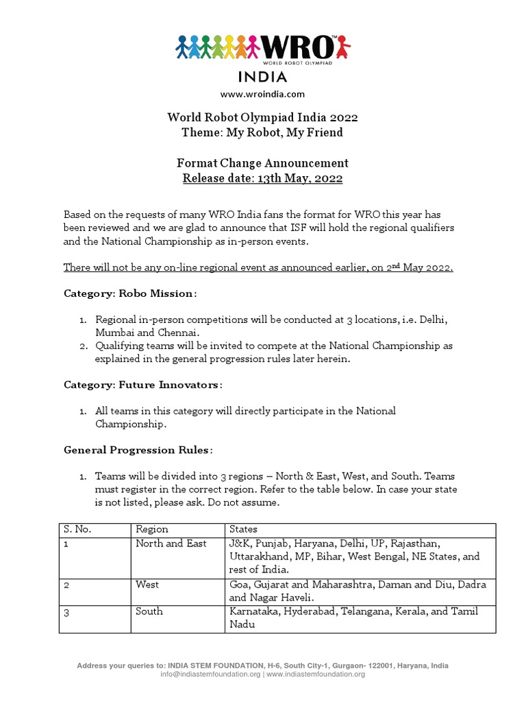 WRO India 2022 Format Change Announcement 13th May | PDF | South Asia ...