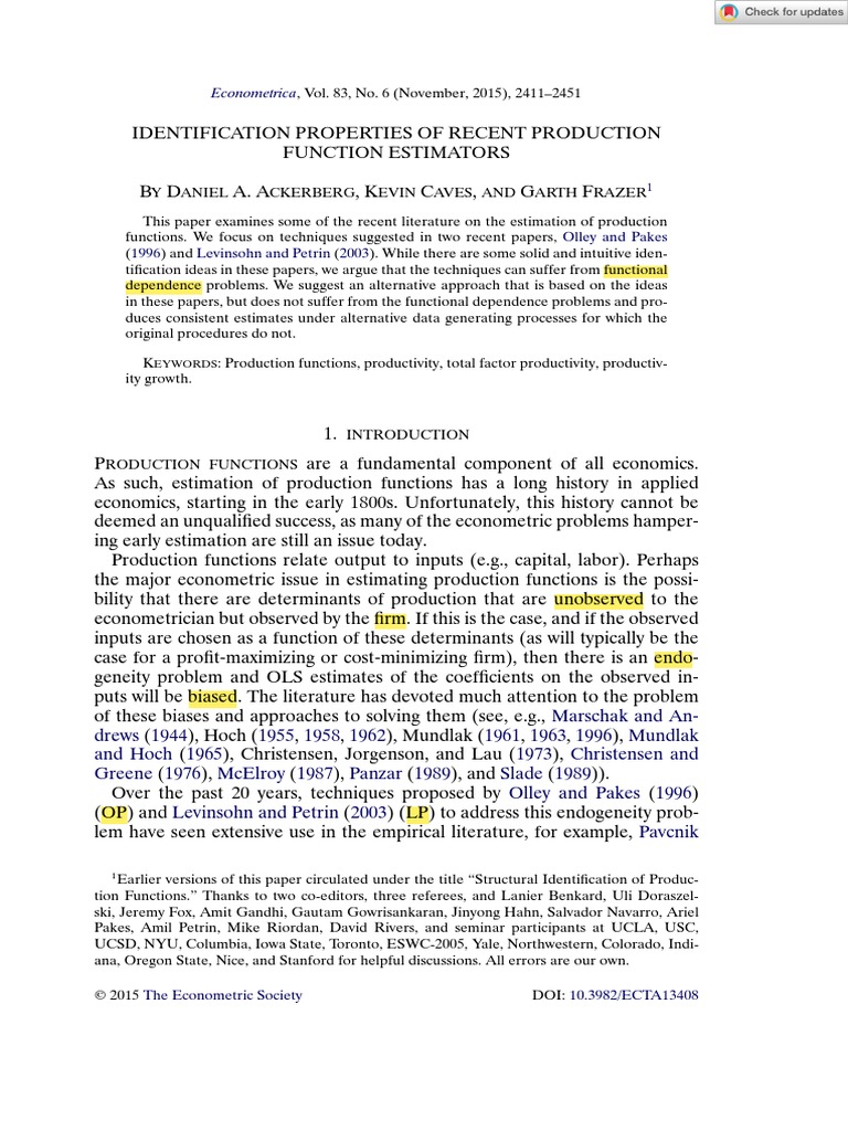 Id Properties Producfunc Est | PDF | Production Function | Econometrics