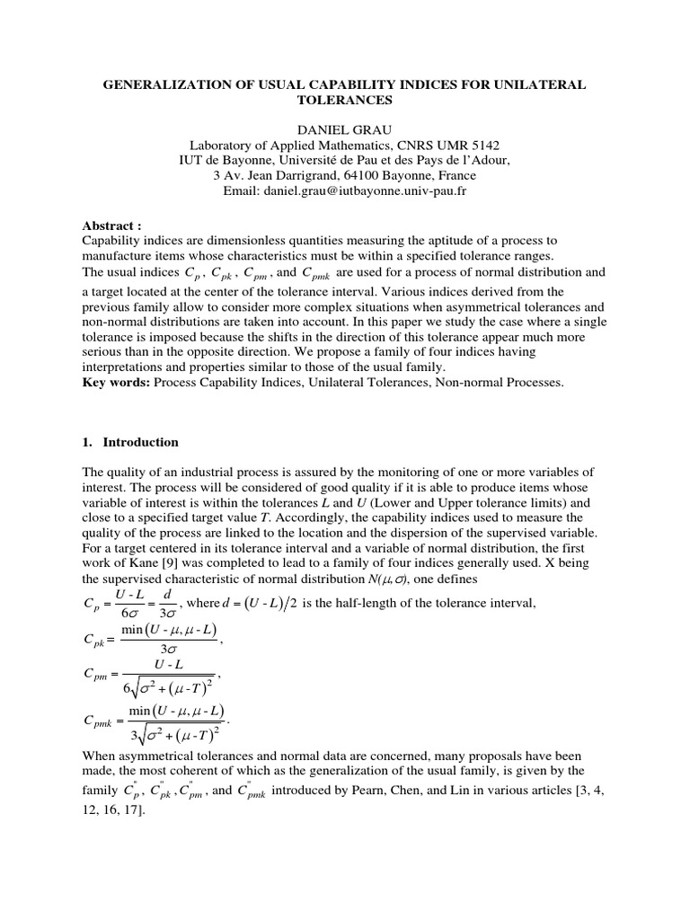 Capability Indices For Unilateral Tolerances | PDF | Normal ...