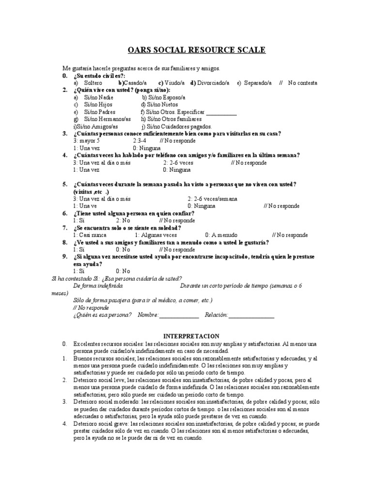 OARS SOCIAL RESOURCE SCALE 2 | PDF