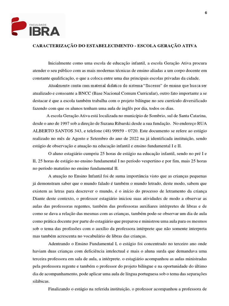 Pasta de Estágio IBRA - caracterização | PDF | Escolas | Pré-escola