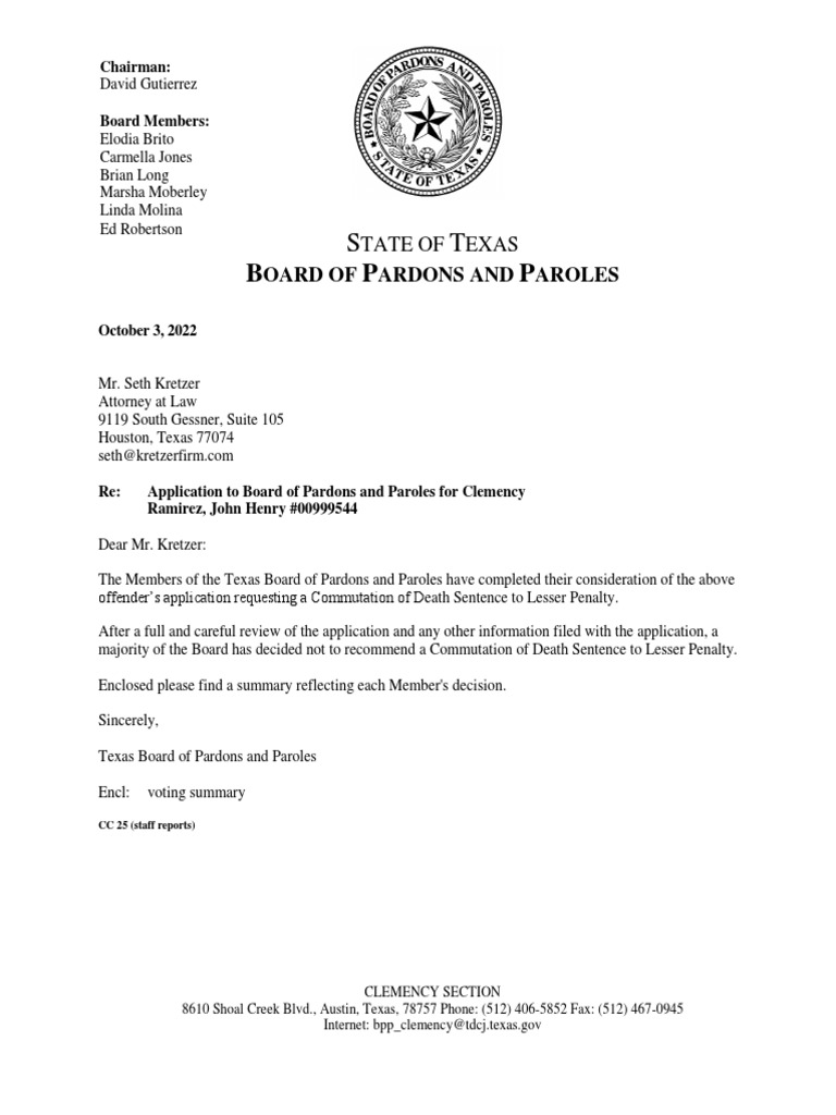 Letter of Clemency Denial To Attorney of John Henry Ramirez | PDF