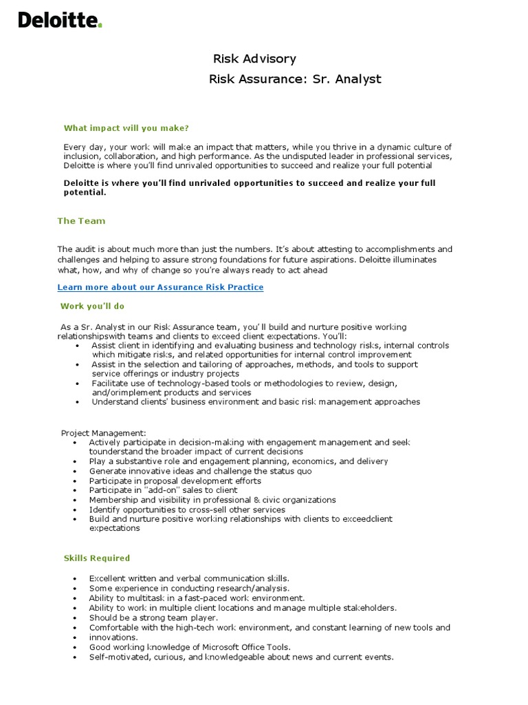 Deloitte India - RA - A&IC - (ITSA) - SR Analyst | PDF | Risk | Leadership
