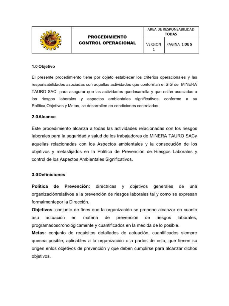 Procedimiento Control Operacional | PDF | Planificación | La seguridad