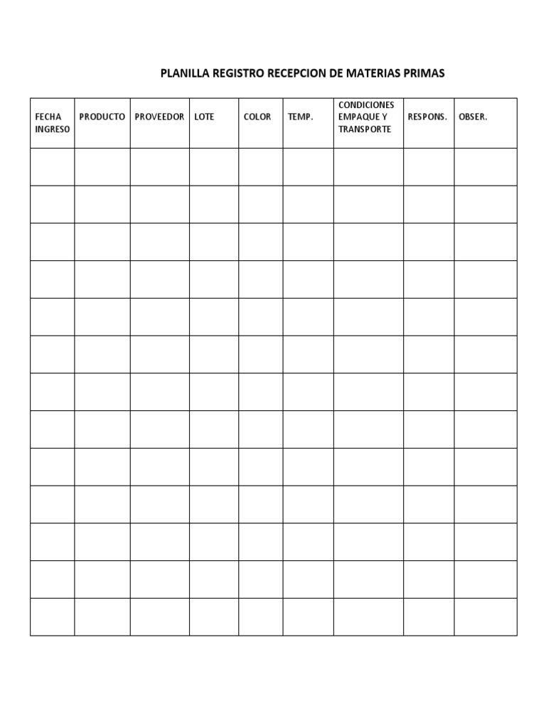 Planilla Registro Recepcion de Materias Primas | PDF