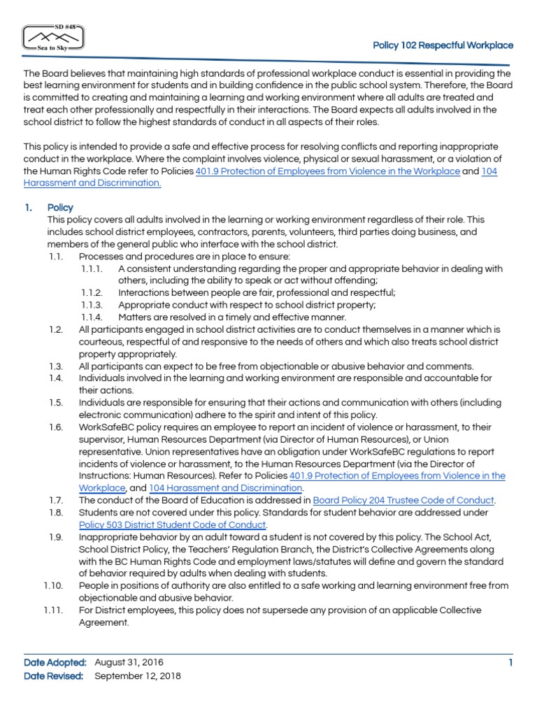 Policy 102 Respectful Workplace | PDF | Sexual Harassment | Human Resources