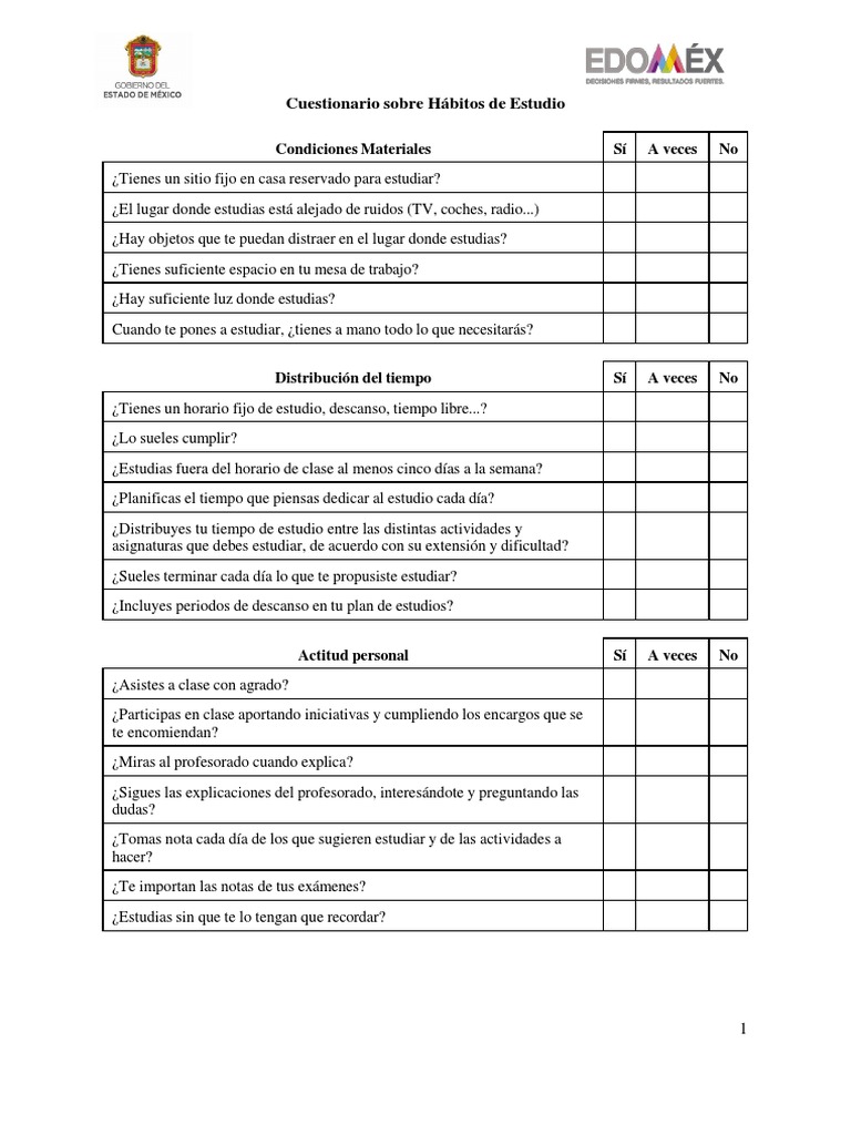 Cuestionario Habitos de Estudio Word | PDF