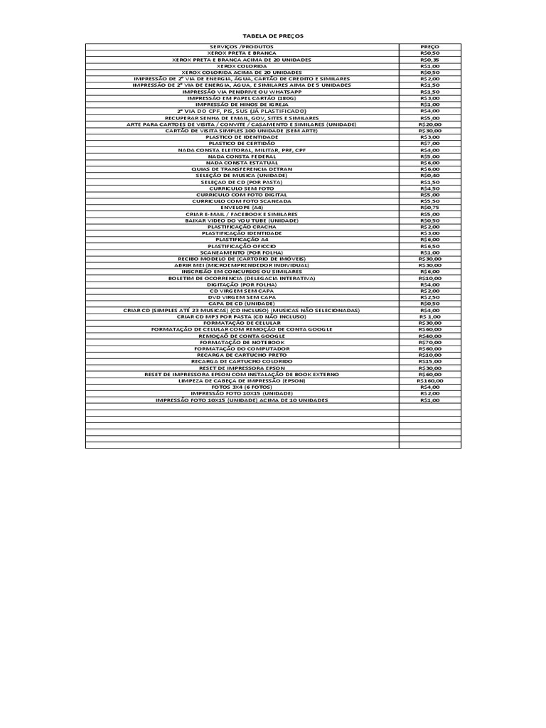 Tabela de Preços | PDF