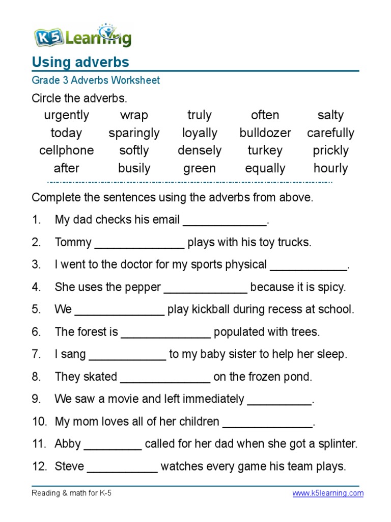 Grammar Worksheet Grade 3 Adverbs Sentences 1 | PDF