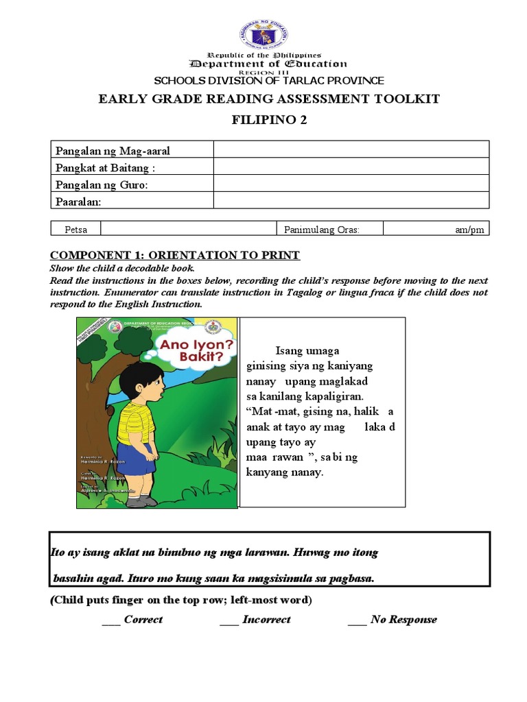 FILIPINO 2 Reading PreTest EGRA | PDF