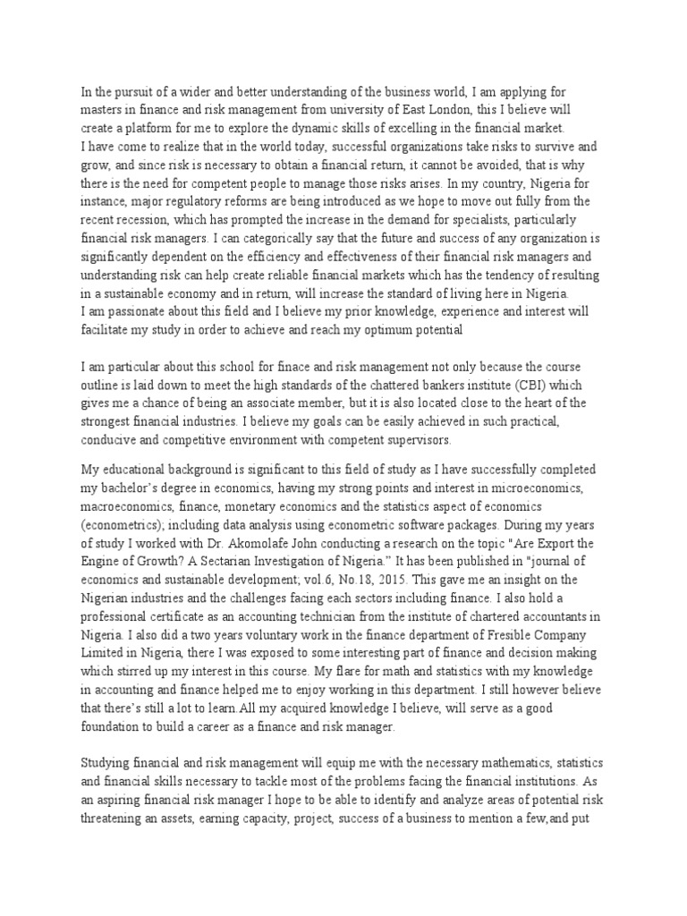 Personal Statement for Finance Master's | PDF | Risk | Economics
