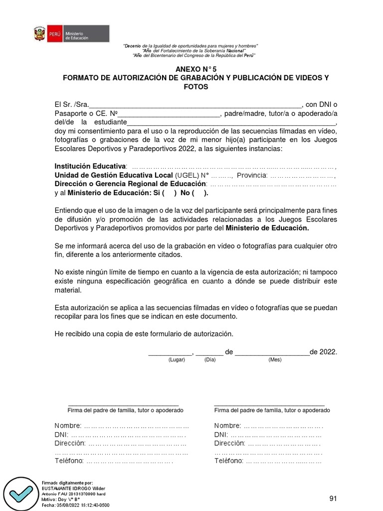 Formato de Autorización de Grabación y Publicación de Videos y Fotos | PDF