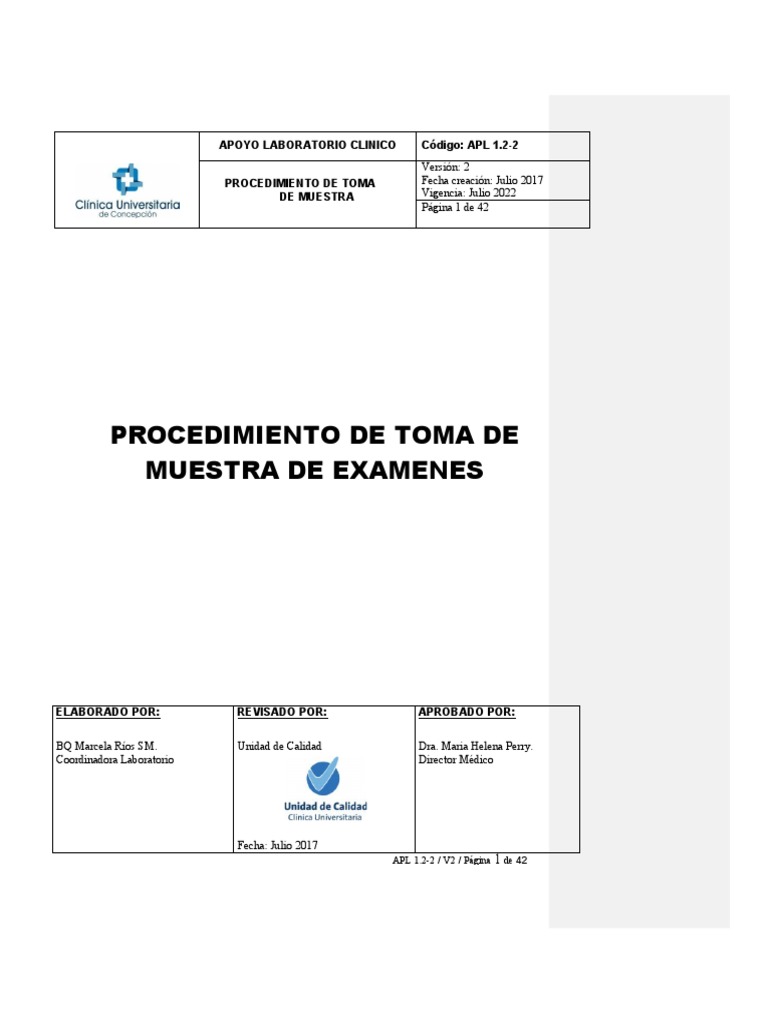 Apl 1.2-2 - Procedimiento Toma de Muestra (V2) | PDF | Especialidades Medicas | Medicina CLINICA