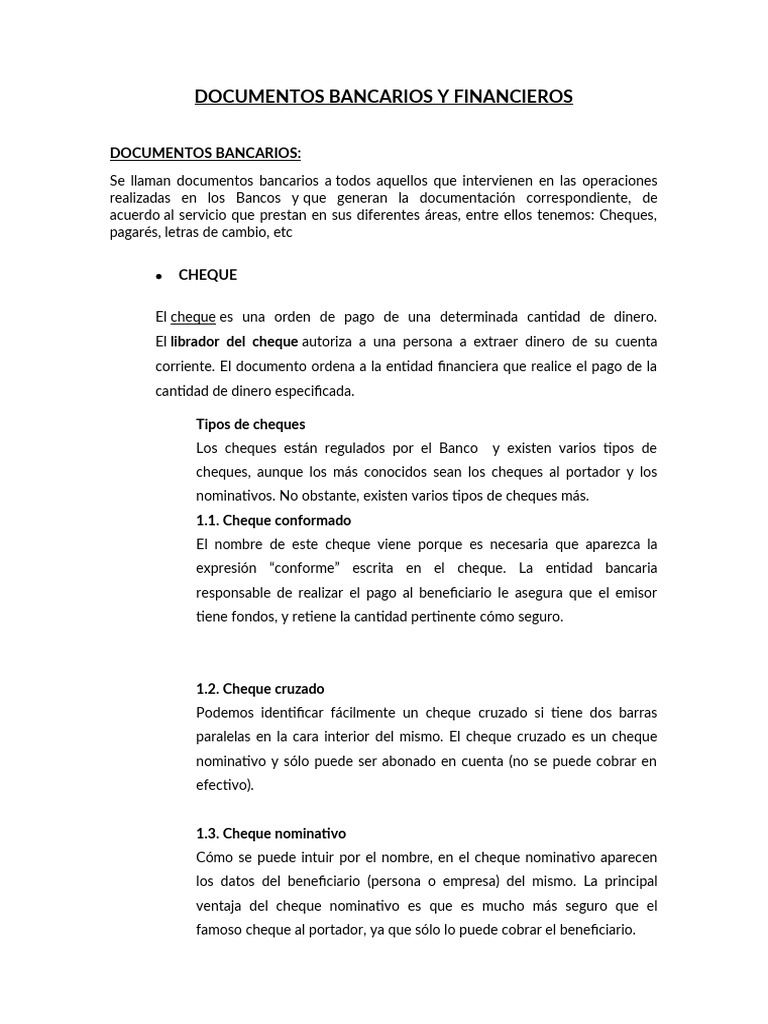 Documentos Bancarios y Financieros | PDF | Cheque | Bancos