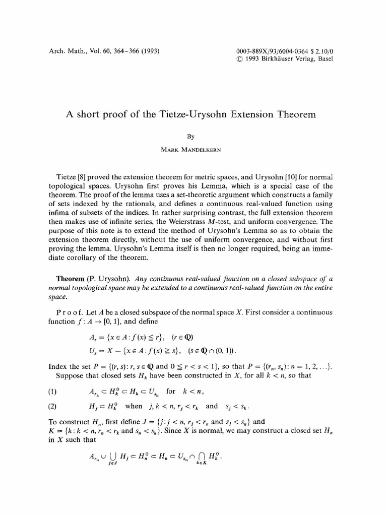 A Short Proof of The Tietze-Urysohn Extension Theorem - Mark Mandelkern | PDF | Real Number ...