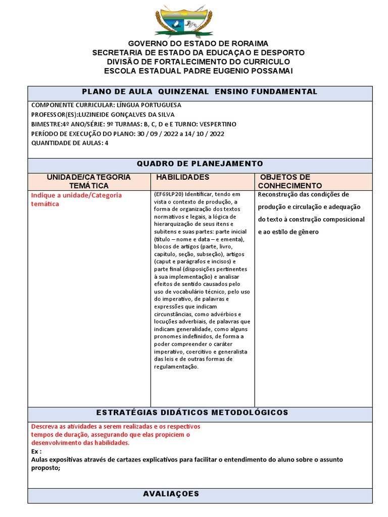 Plano Do Ensino Fundamental Quinzenal | PDF