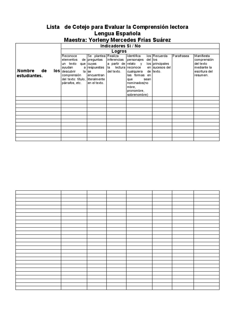 Cotejo para Evaluar Comprensión Lectora | PDF