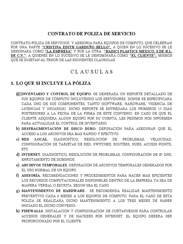 Contrato de Poliza de Servicio | PDF | Negocios | Finanzas y dinero