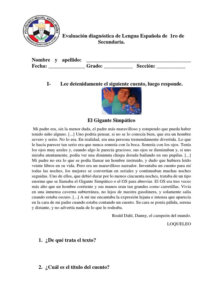 Evaluación Diagnóstica de Lengua Española de 1ro de Secundaria | PDF