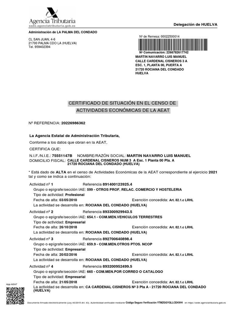Certificado Situacion Censal Ejercicio 2021 Luis Manuel Martin Navarro ...