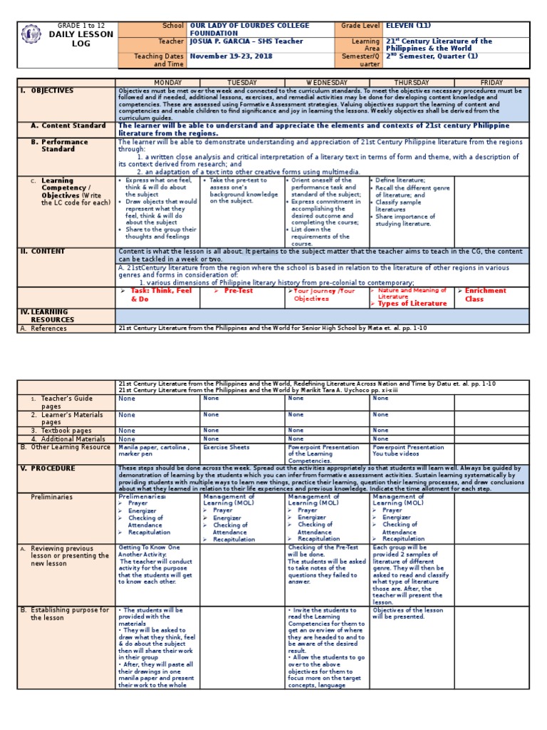 Daily Lesson Log: 21st Century Literature | PDF | Learning | Teaching ...